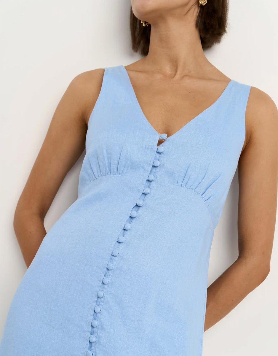 Panama Linen Sleeveless Button Front Midi Dress - Sky Blue Among the ...