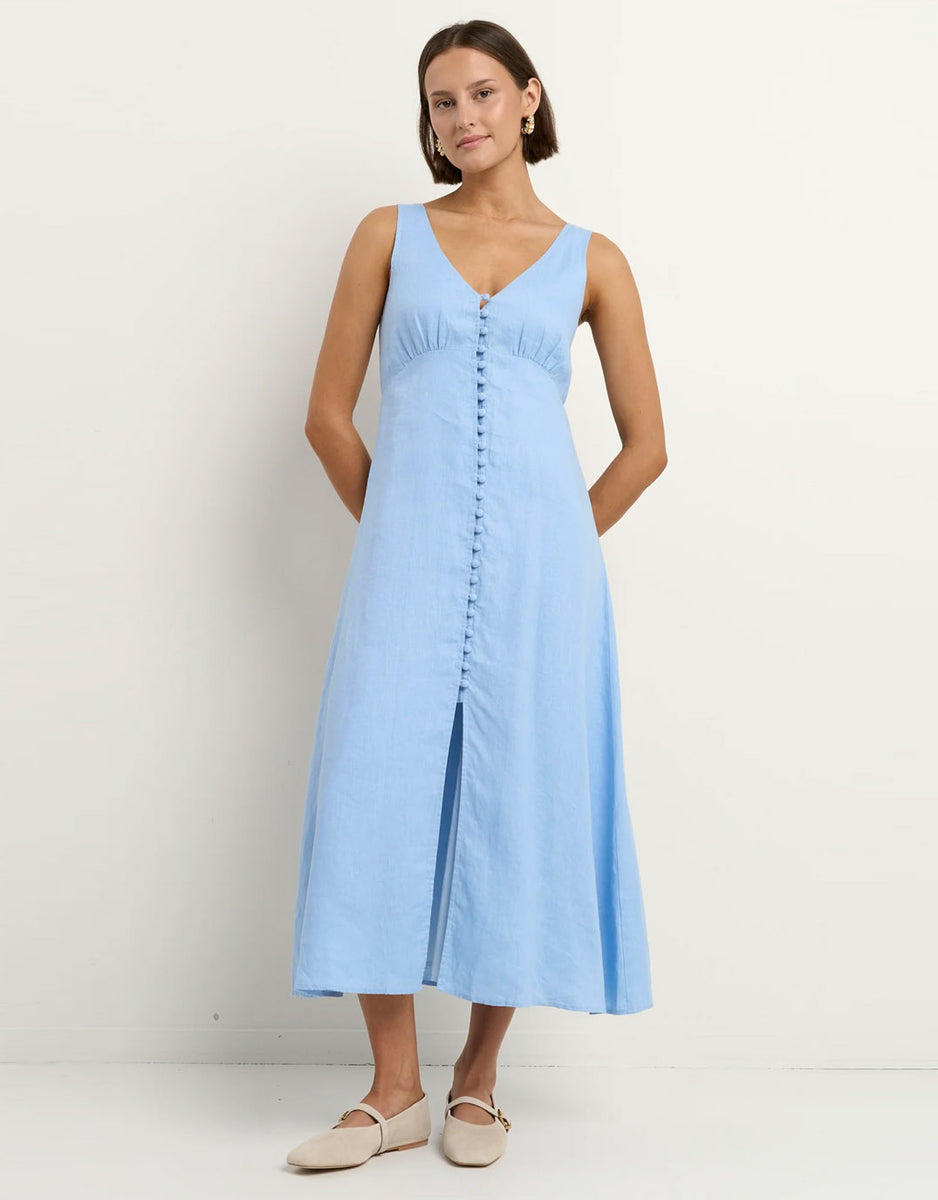 Panama Linen Sleeveless Button Front Midi Dress - Sky Blue Among the ...