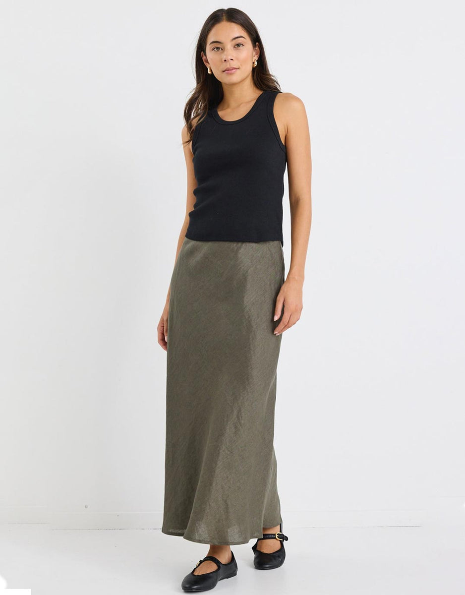 Buy Bliss Linen Bias Midi Skirt - Khaki Re:Union The Label for Sale ...